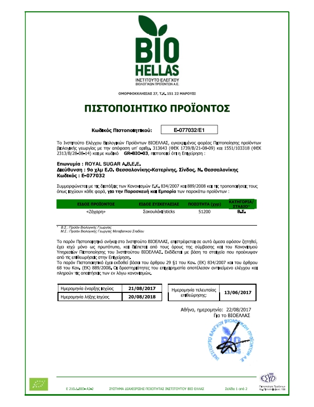 Royal Sugar | Πιστοποιήσεις